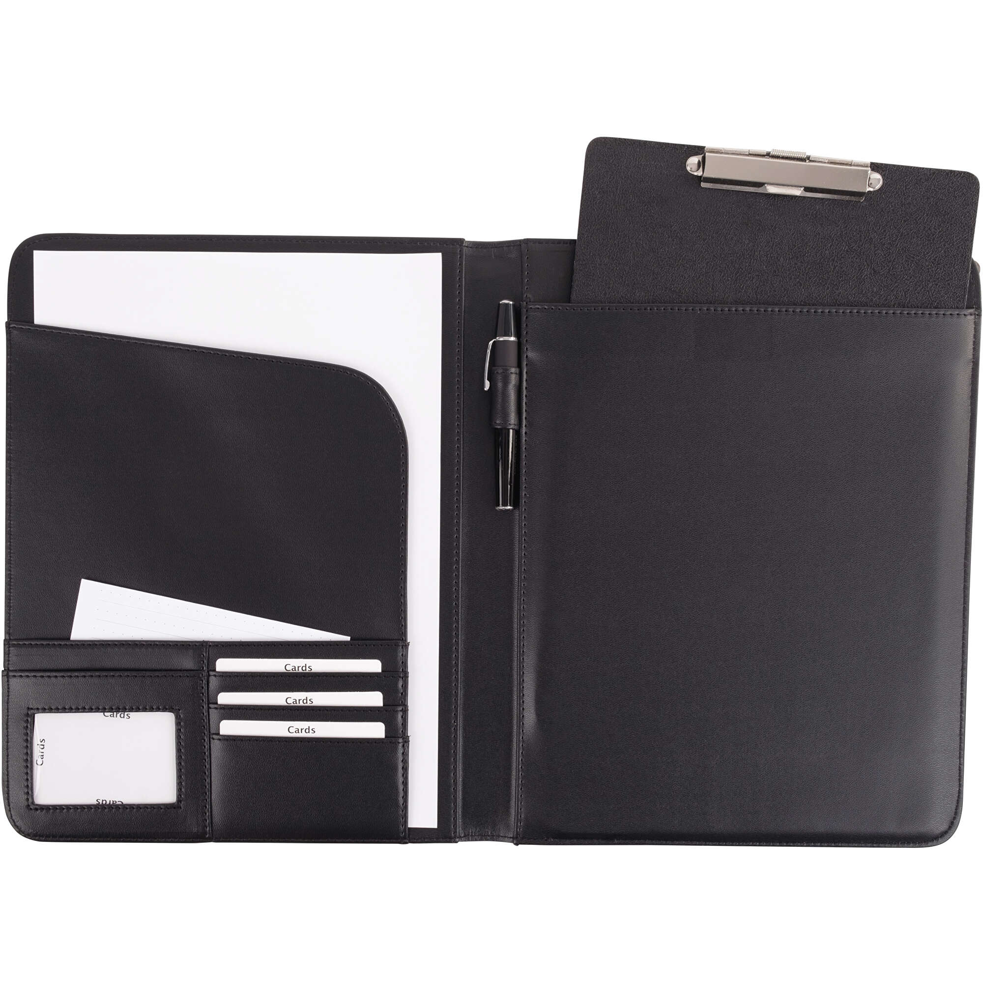 Schreibmappe A4 mit Klemmbrett (schwarz, Lederähnliches Felina Material, 770g) als Werbemittel ...